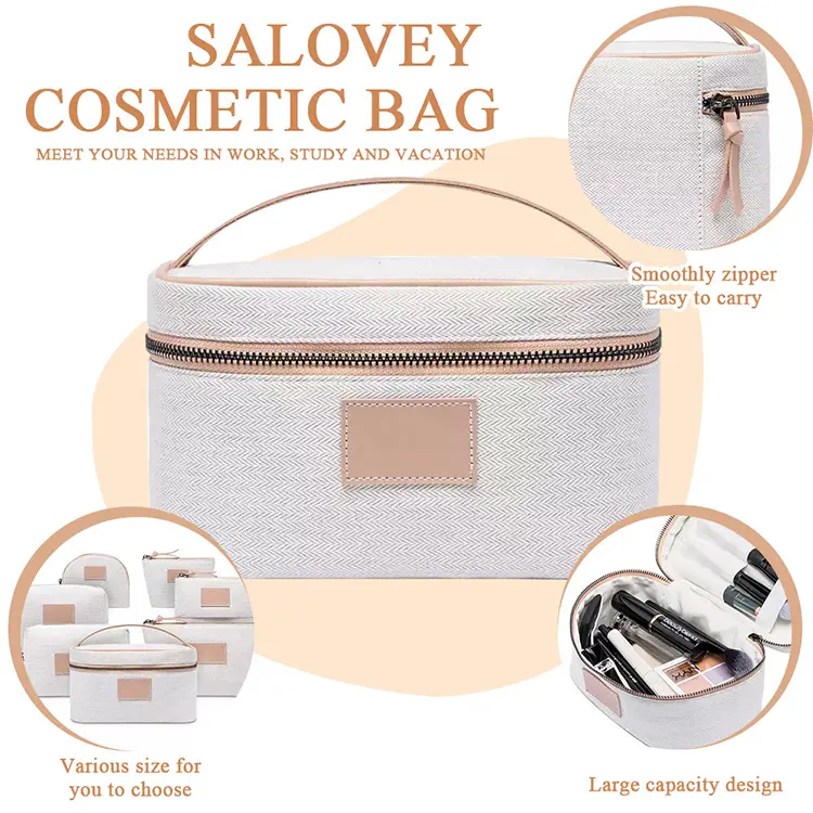 Customizable Beige Travel Cosmetic Bag Set with Handle and Zipper